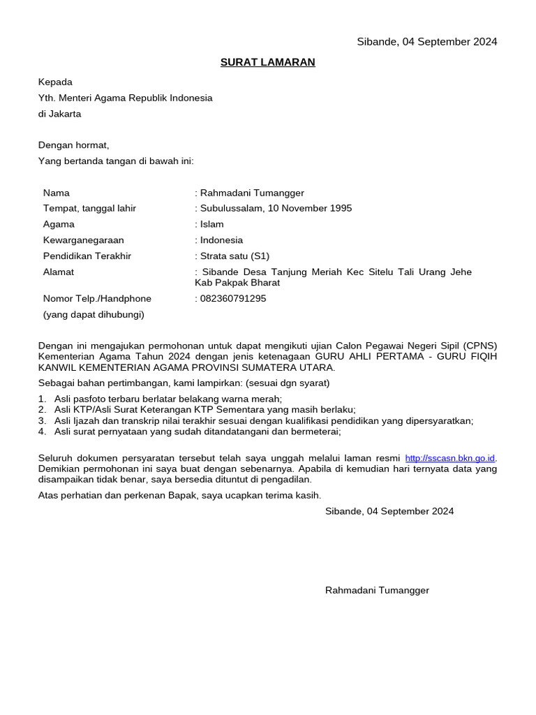 Surat Lamaran & Surat Pernyataan Cpns Kemenag | PDF