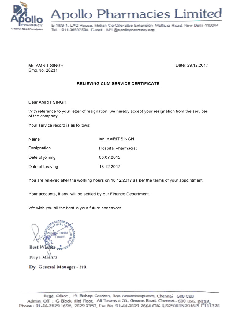 Amrit Singh Relieving Letter Apollo 2017 | PDF