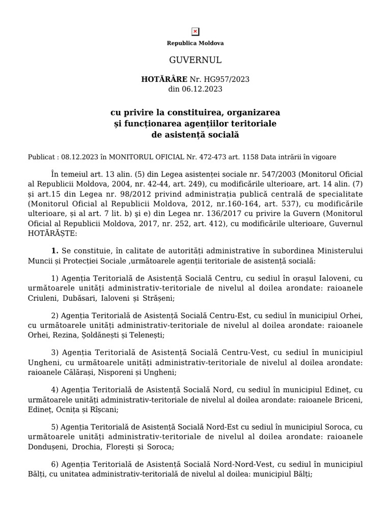 Hotararea Nr. 957 Din 06.12.2023 Cu Privire La Constituirea Organizarea ...