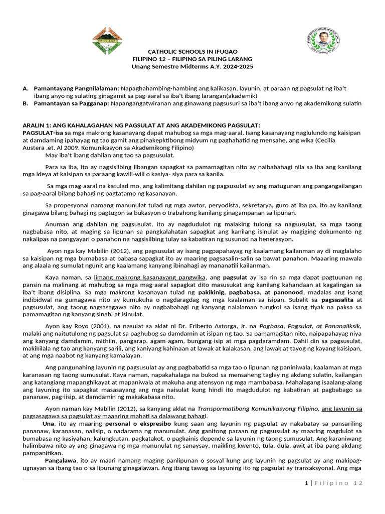 FILIPINO12 LP 2024 2025 1st Sem Midterms | PDF