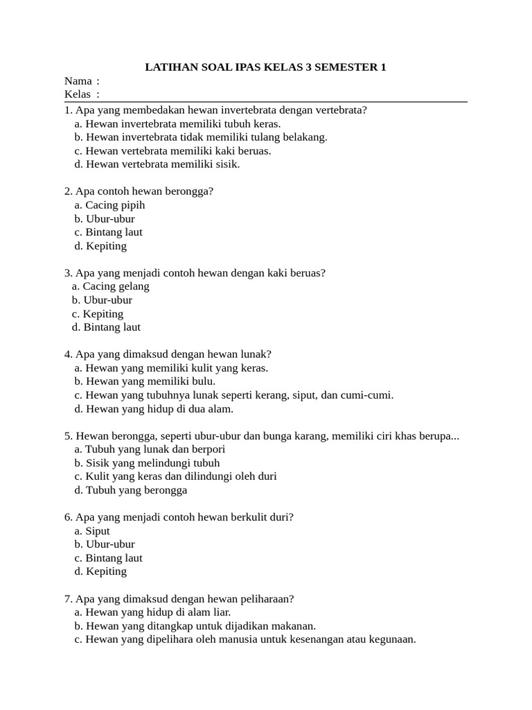 LATIHAN SOAL IPAS KELAS 3 SEMESTER 1 | PDF