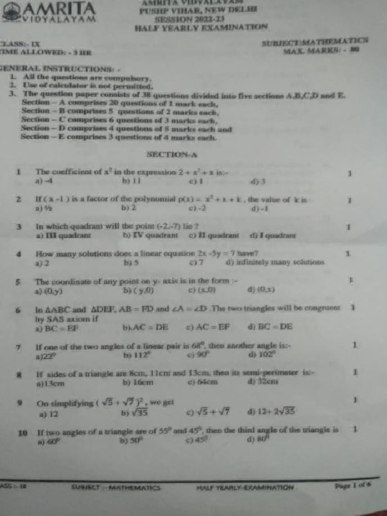 Amrita Vidyalayam Half Yearly Maths Paper | PDF