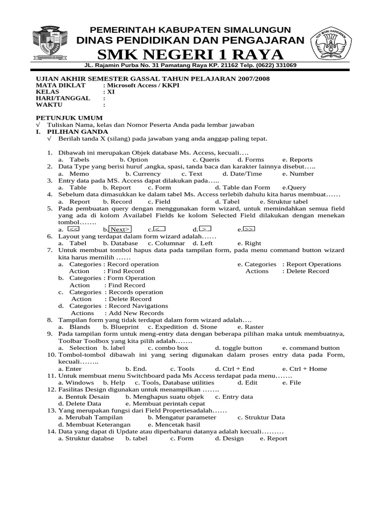 Soal Ujian Access Kls 3 Kkpi | PDF