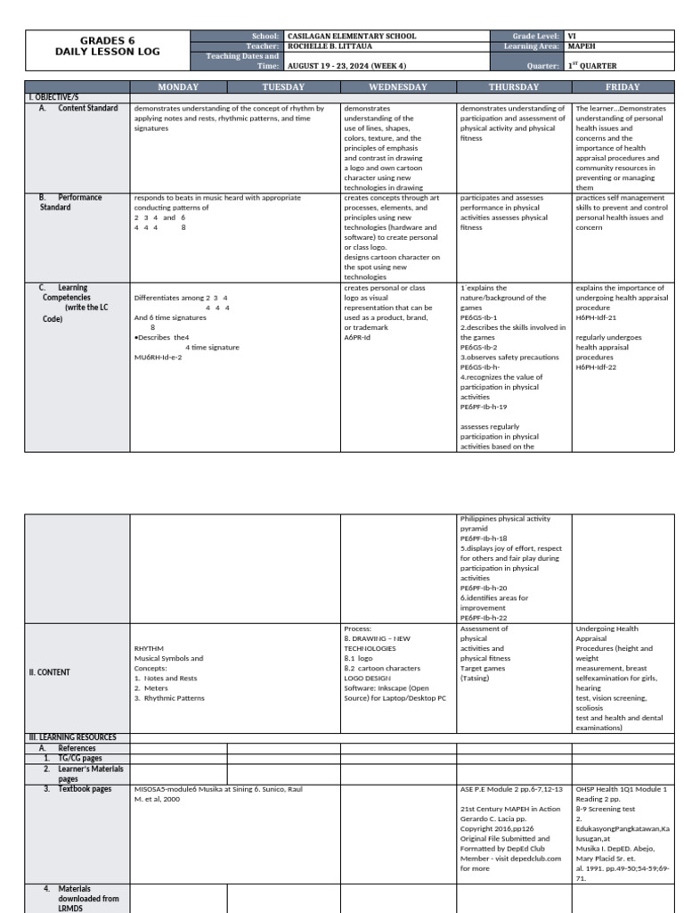 DLL - Mapeh 6 - Q1 - W4 | PDF