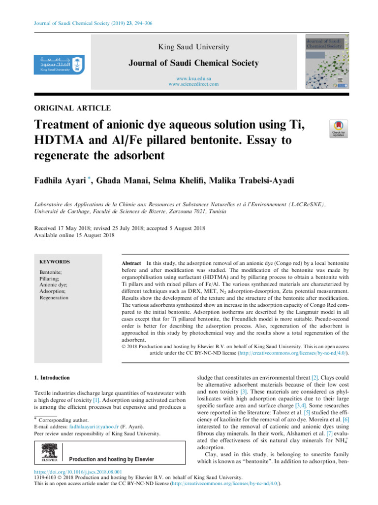 Treatment of Anionic Dye Aqueous Solution Usins 2019 | PDF