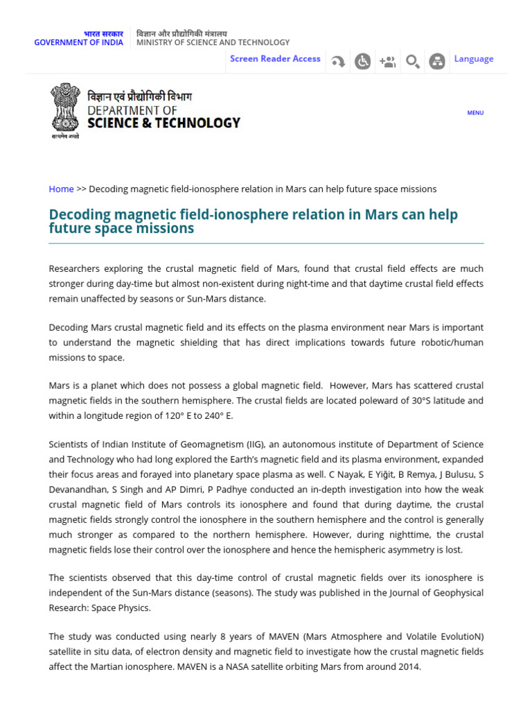 Decoding Magnetic Field-Ionosphere Relation in Mars Can Help Future Space Missions - Department ...