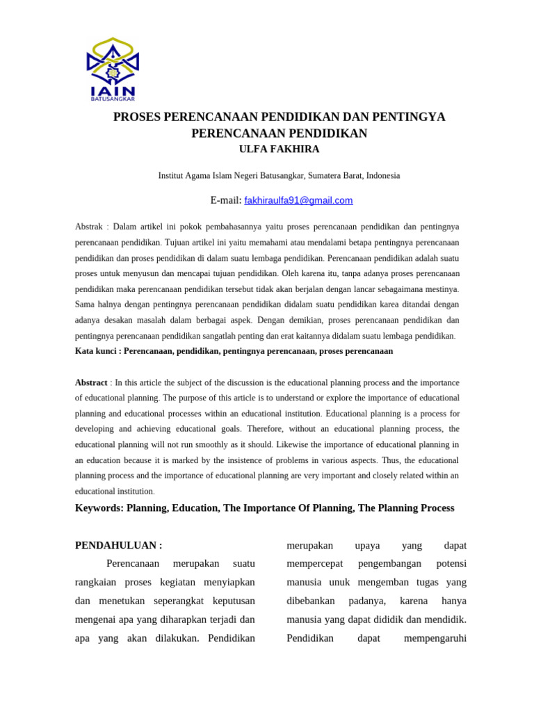 Artikel Perencanaan Pendidikan Ulfa Fakhira Mpi 2C | PDF