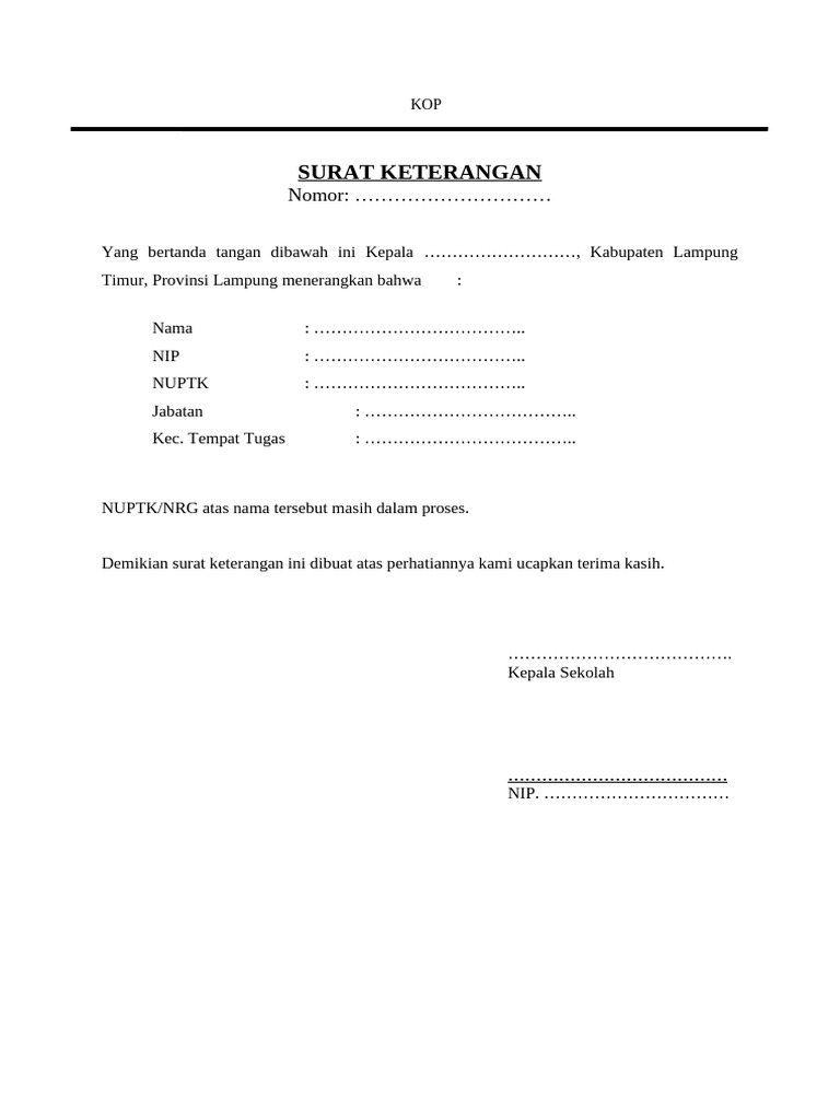 Contoh Surat Keterangan Nuptk & NRG | PDF
