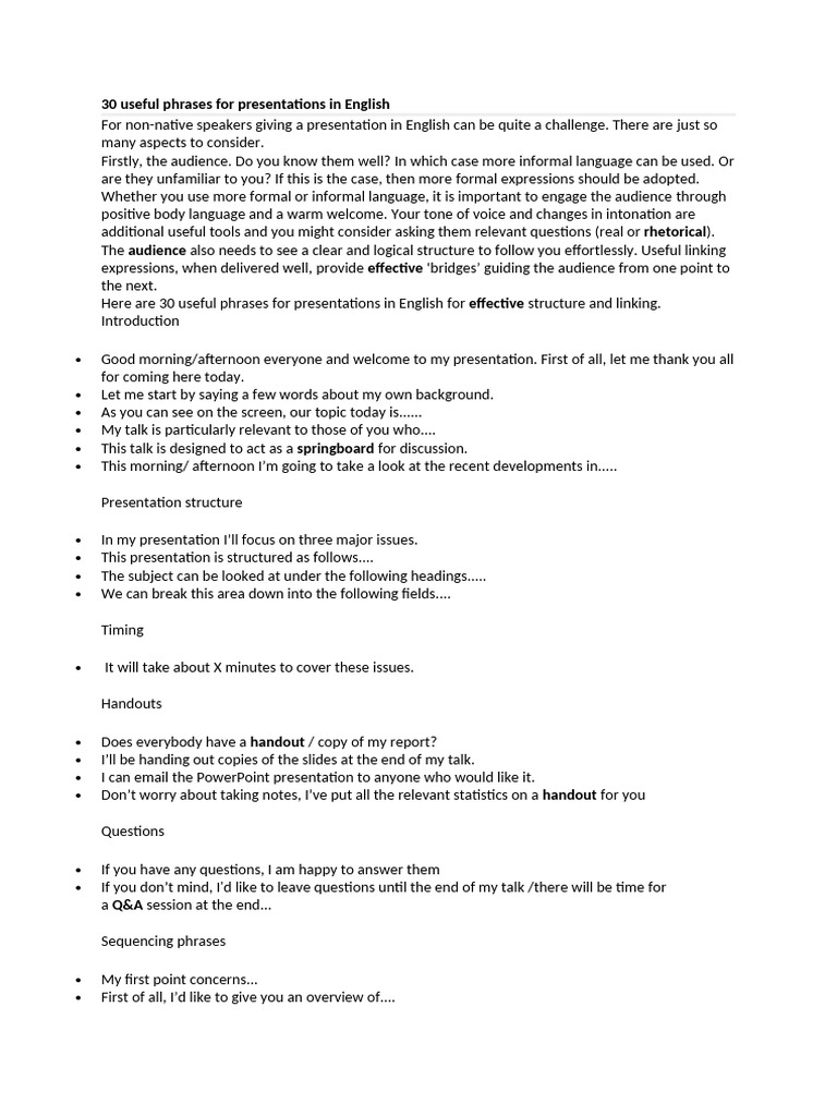 30 useful phrases for presentations in English | PDF