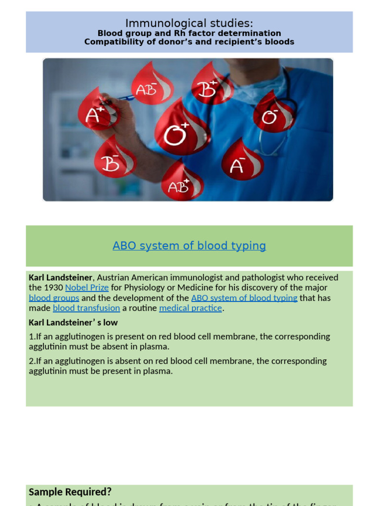 Immunological Studies:: Blood Group and RH Factor Determination Compatibility of Donor's and ...