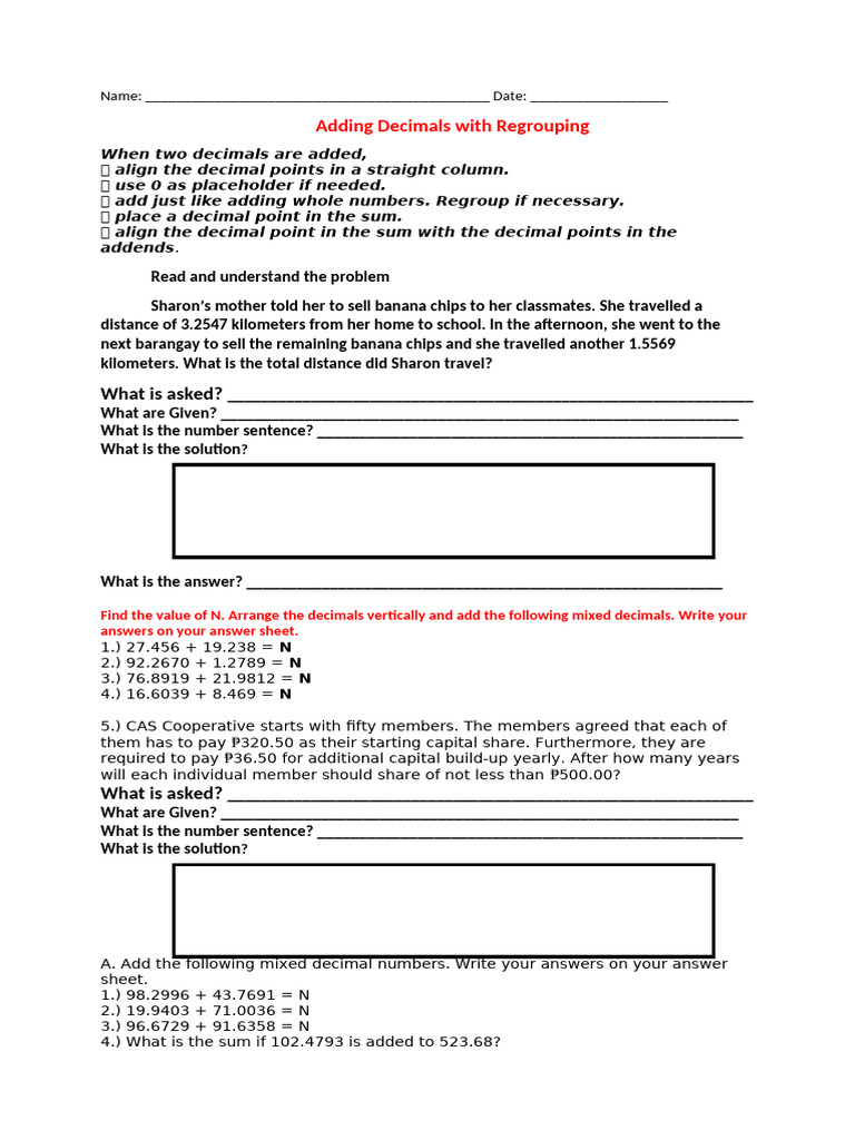 Adding Decimals with Regrouping Worksheet | PDF | Arithmetic | Career ...