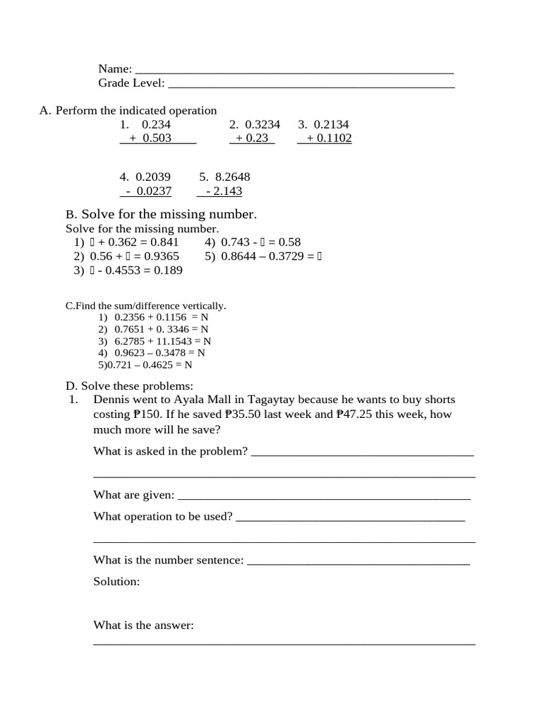 Activity Sheet Decimal | PDF | Mathematics | Arithmetic