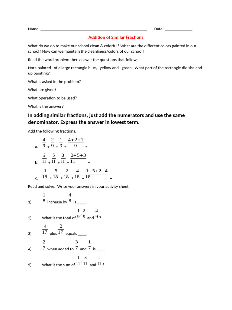Addition of Similar Fractions Worksheet | PDF | Mathematics | Arithmetic