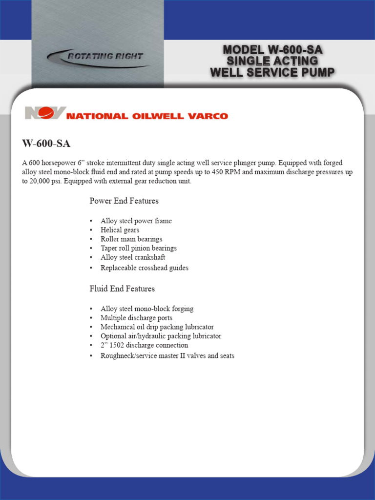 W-600SA Well Servicing Pump Brochure | PDF | Pump | Bearing (Mechanical)