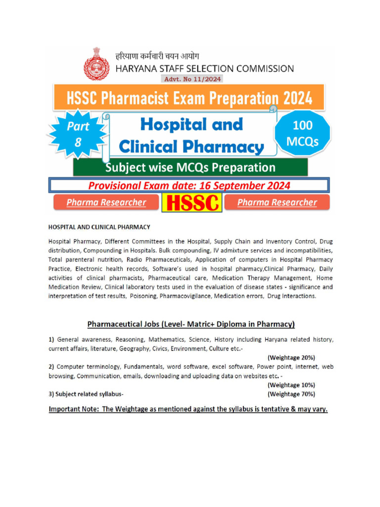 Hospital and Clinical Pharmacy HSSC Pharmacist | PDF