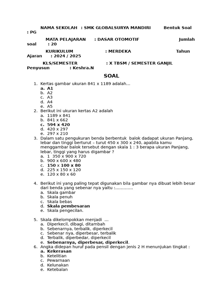 Soal Dasar Otomotif X TBSM | PDF