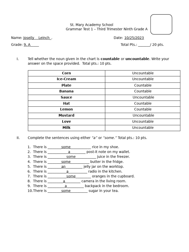 Grammar Test 1 - Third Trimester - Ninth Grade A | PDF
