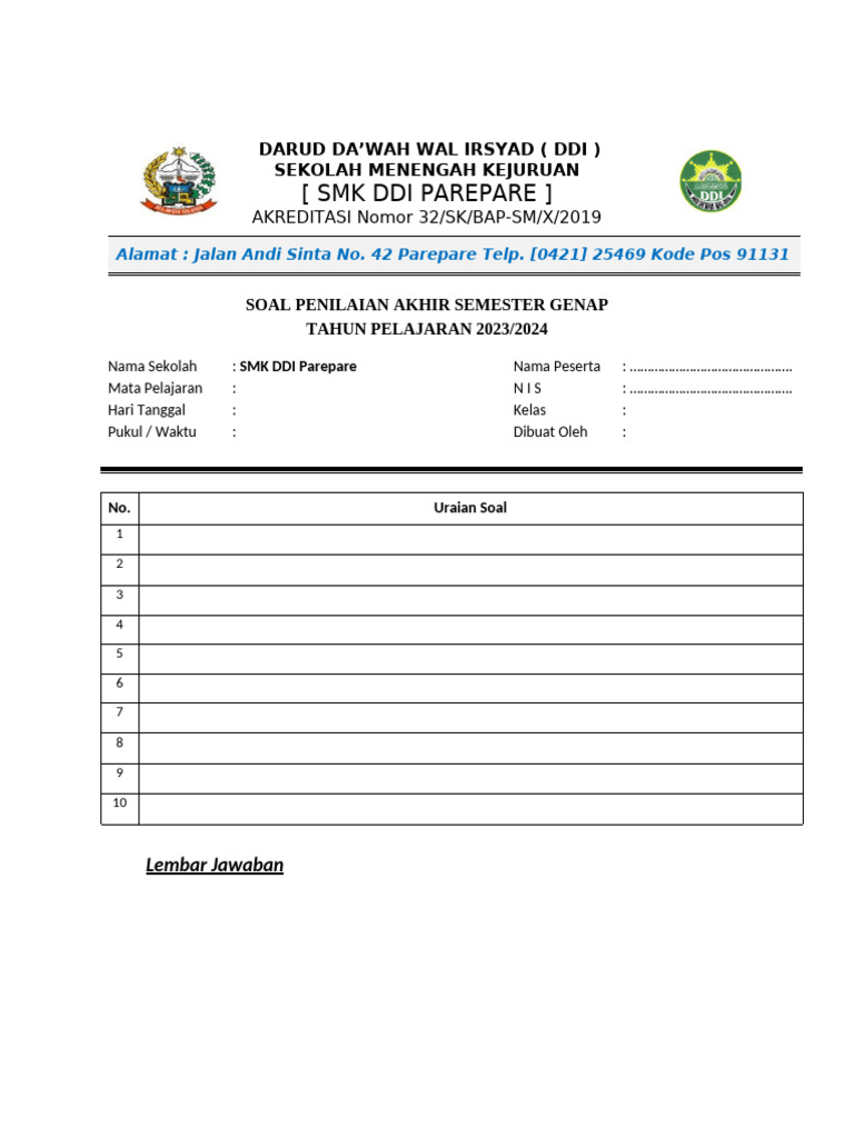 format soal semester 2023-2024 | PDF