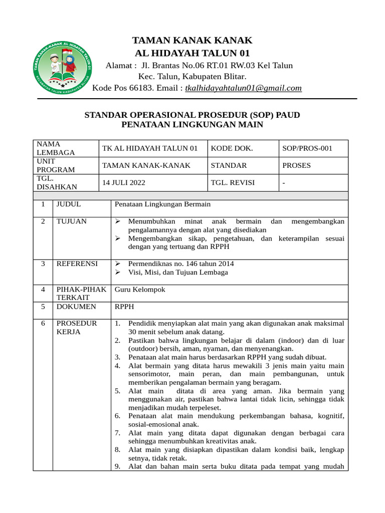 Sop Paud Penataan Lingkungan Main | PDF | Karier & Perkembangan