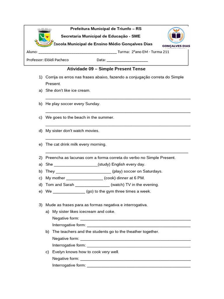 Atividade 09 - Simple Present Turma 211 | PDF