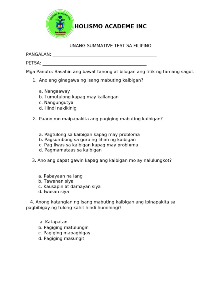 Summative Test in Filipino | PDF
