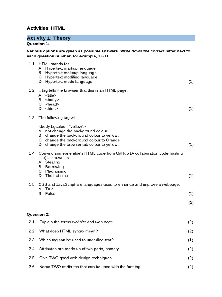 HTML Activities Grade 10 | PDF