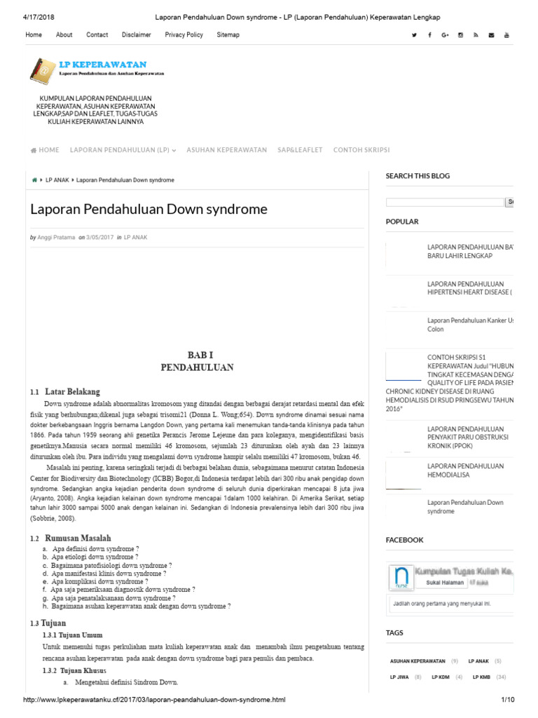 Laporan Pendahuluan Down Syndrome - LP (Laporan Pendahuluan) Keperawatan Lengkap | PDF