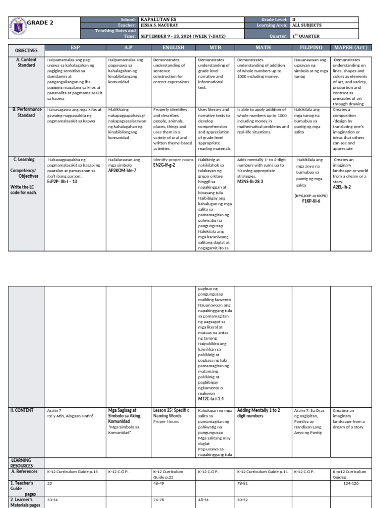 DLL_ALL SUBJECTS 2_Q1_W7_D2 | PDF
