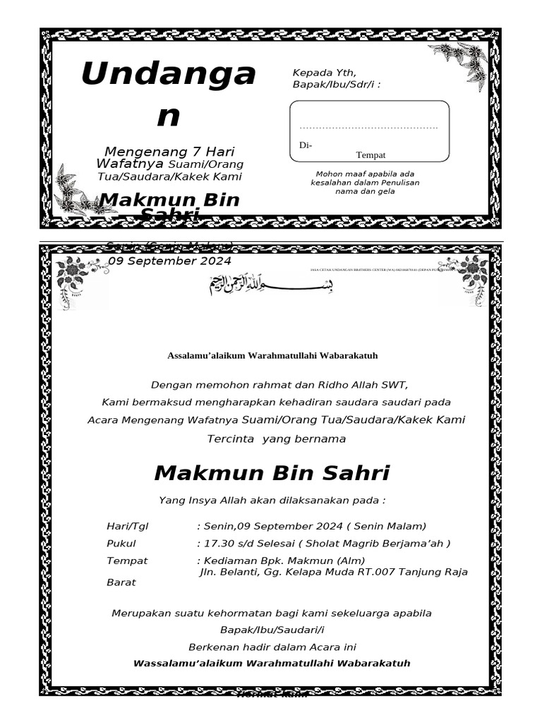 Undangan Yasinan 7 Hari | PDF