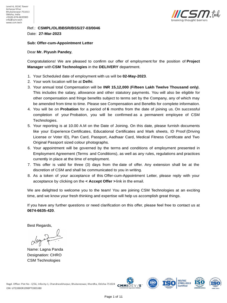 Piyush Pandey-Offer Letter CSM | PDF