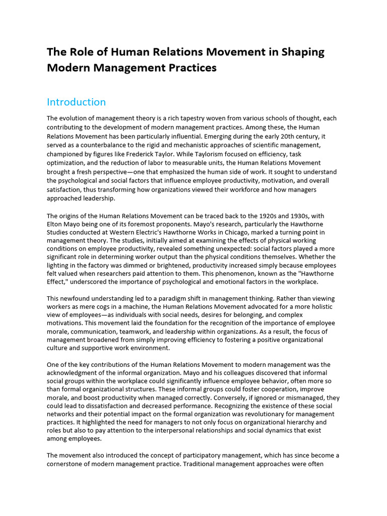 The Role of Human Relations Movement in Shaping Modern Management ...