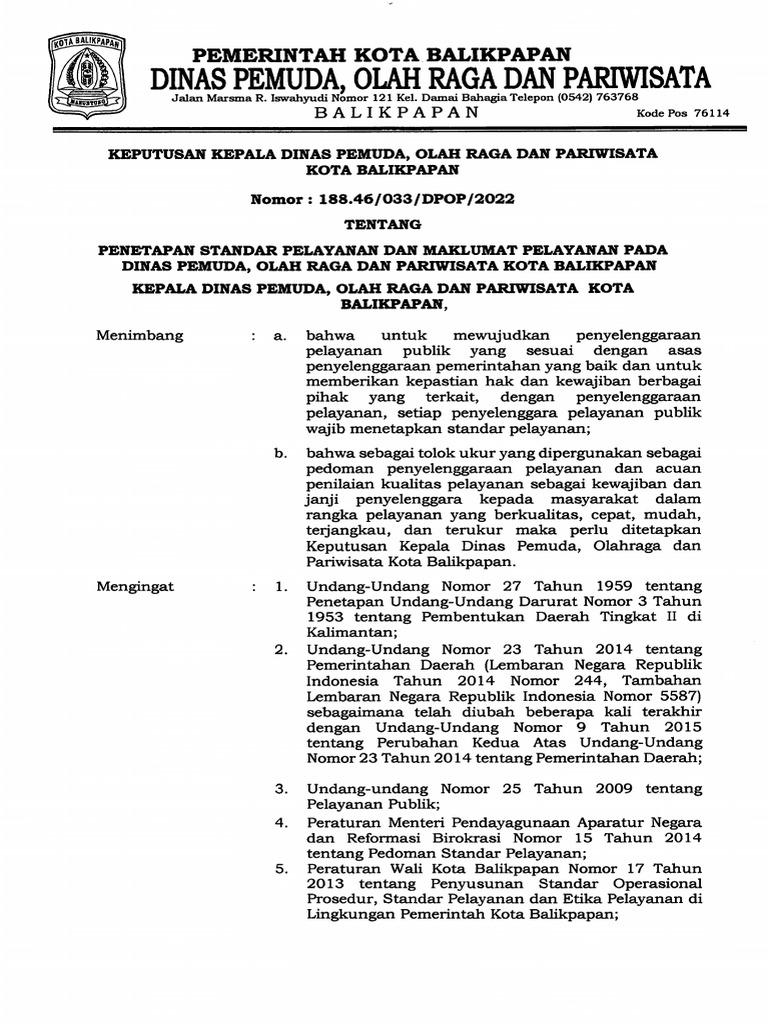 SK Standar Pelayanan DPOP | PDF