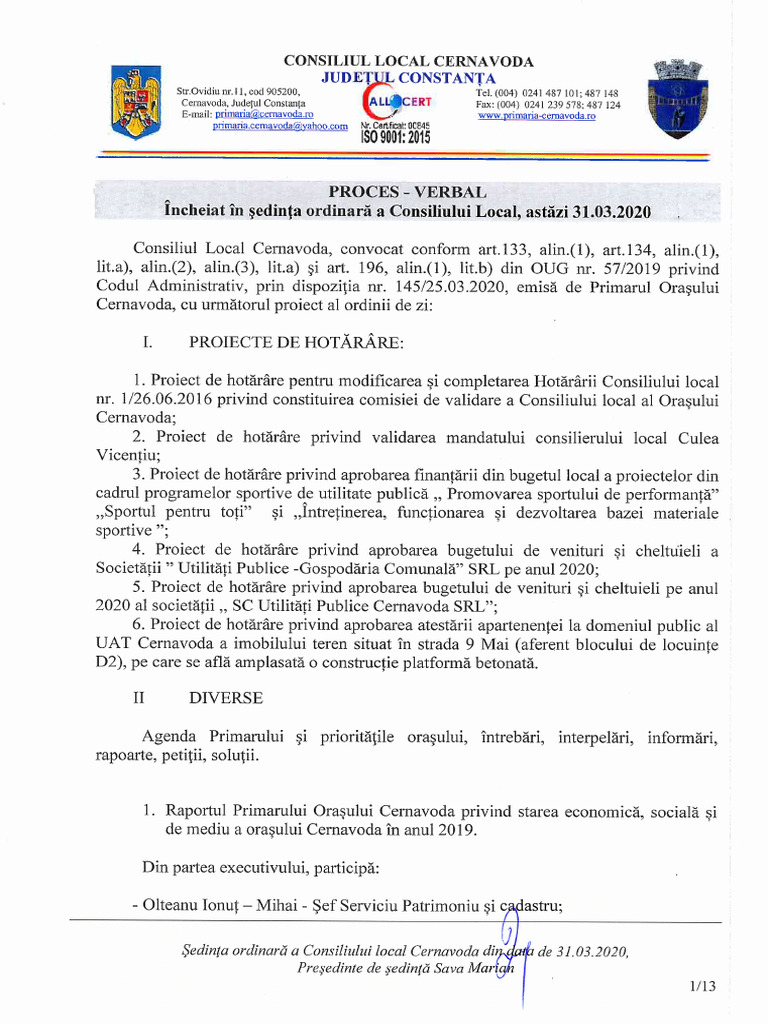 PV Sedinta Ordinara Din 31.03.2020 | PDF