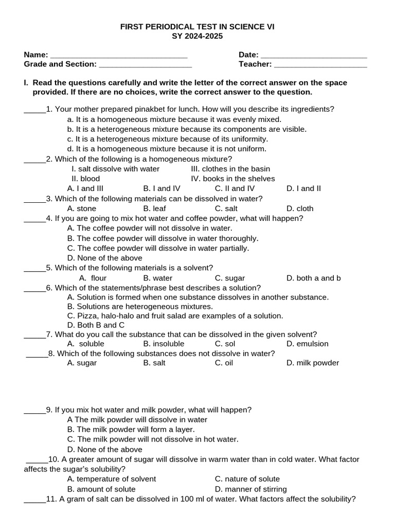 1st Periodical Test Science6 - SY.24 25 | PDF | Mixture | Suspension ...