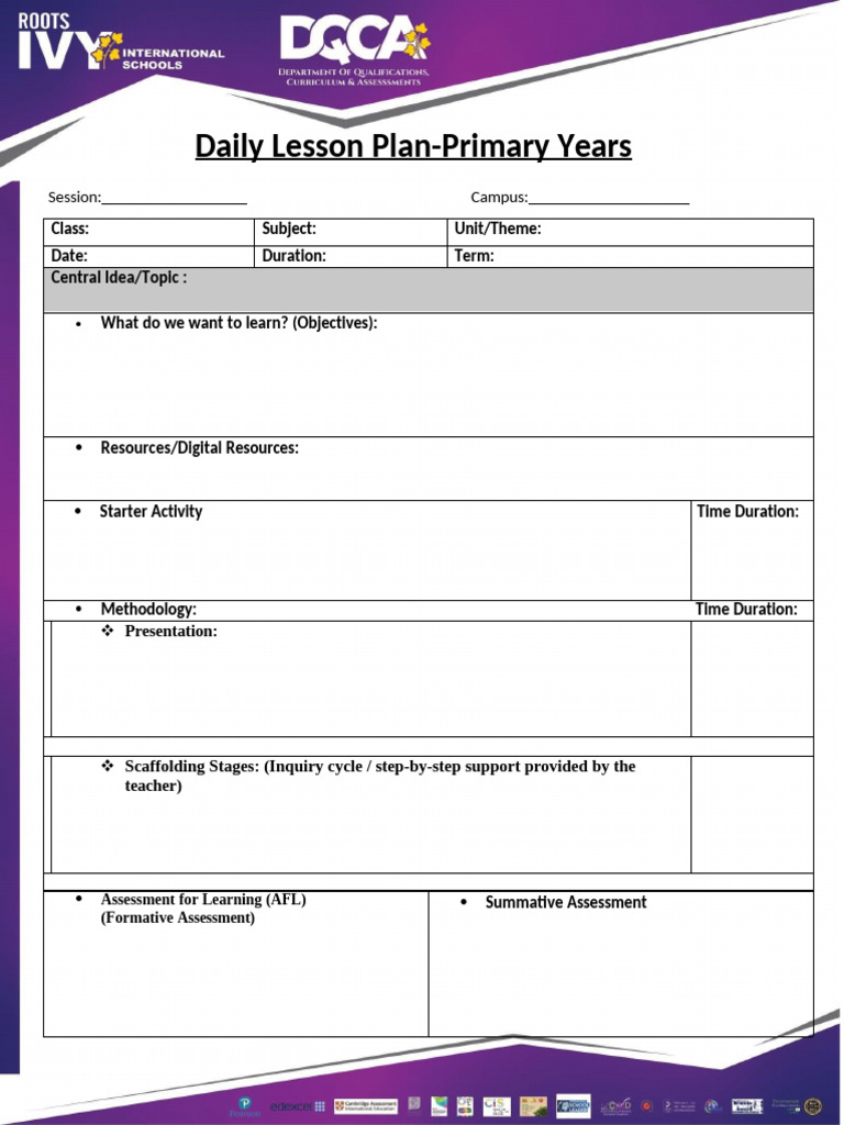 Daily Lesson Plan Format-Primary Years | PDF