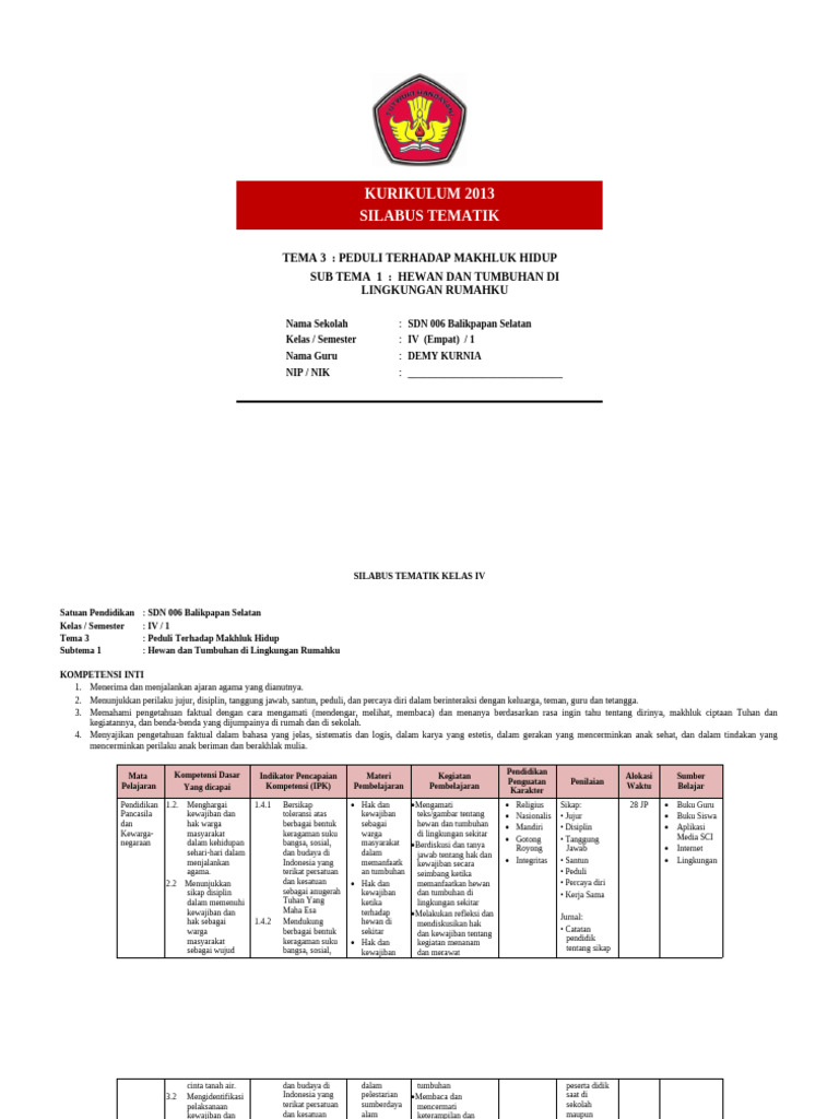 Silabus Klas 4 Tema 3 Oke Pdf