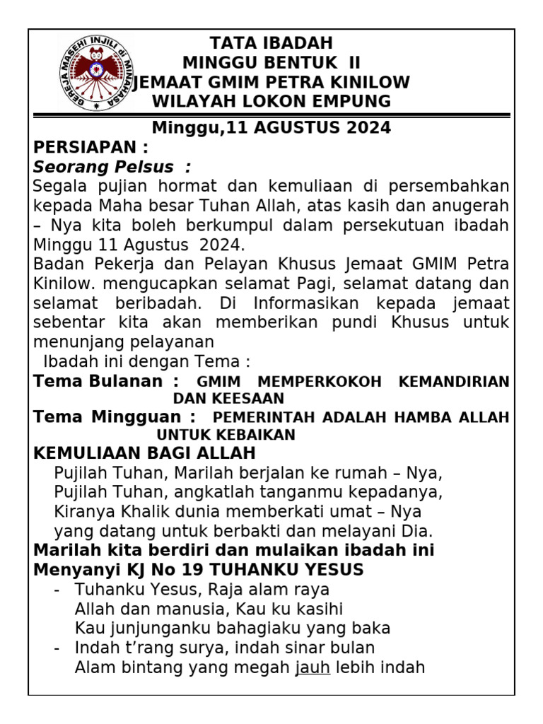Tata Ibadah Minggu Bentuk Ii 11 Agustus 2024 | PDF