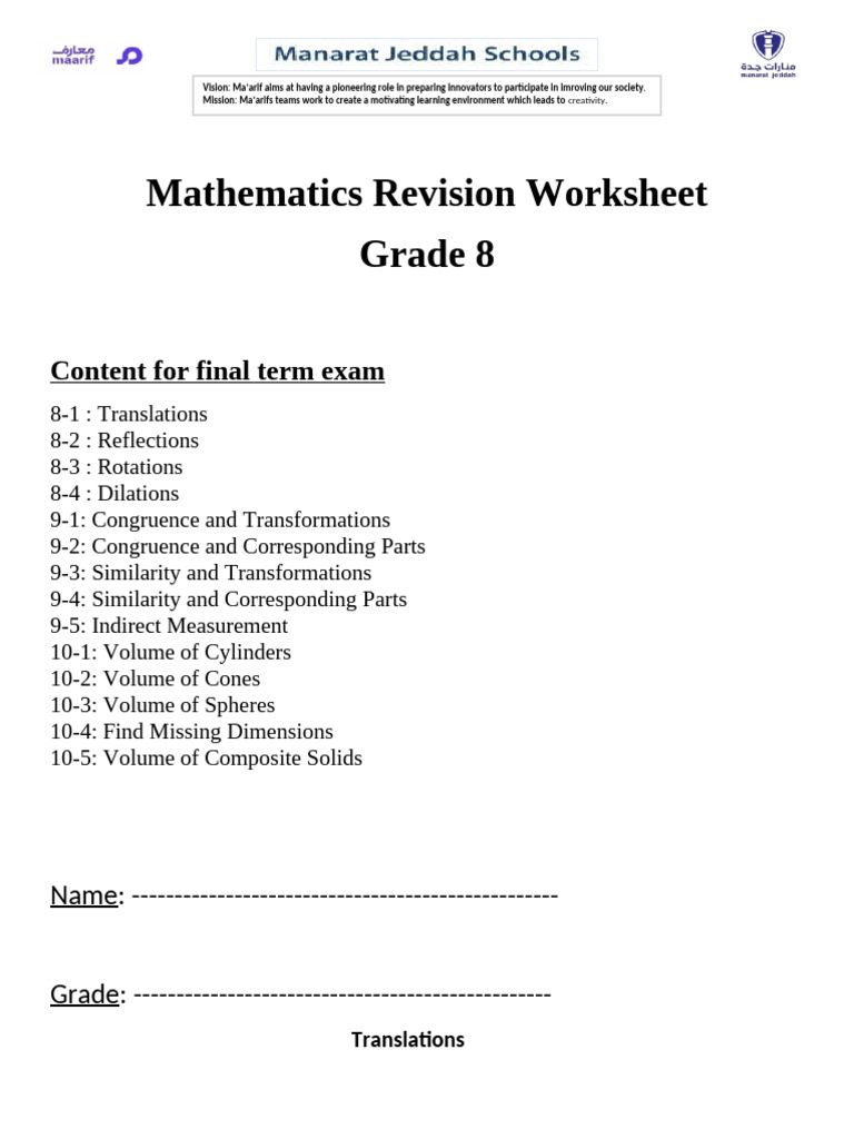 Grade 8 Revision Worksheet Term 3 | PDF