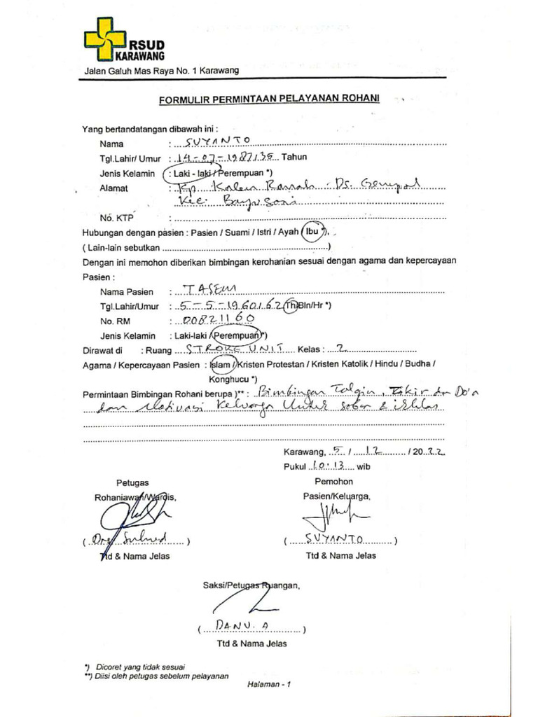 Bukti Formulir Pelayanan Bimbingan Rohani Di Ruang Stroke | PDF