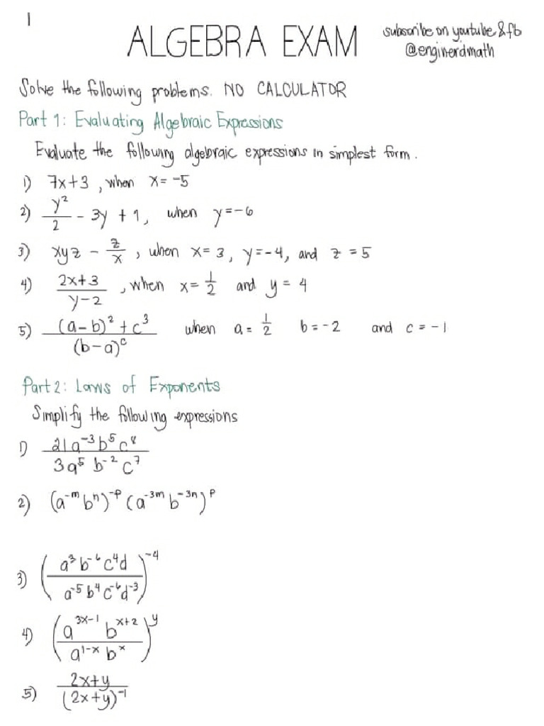Algebra Exam (By Engrd. Math) | PDF