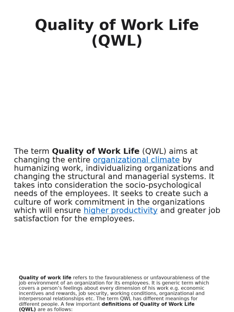 Quality of Work Life (QWL) | PDF