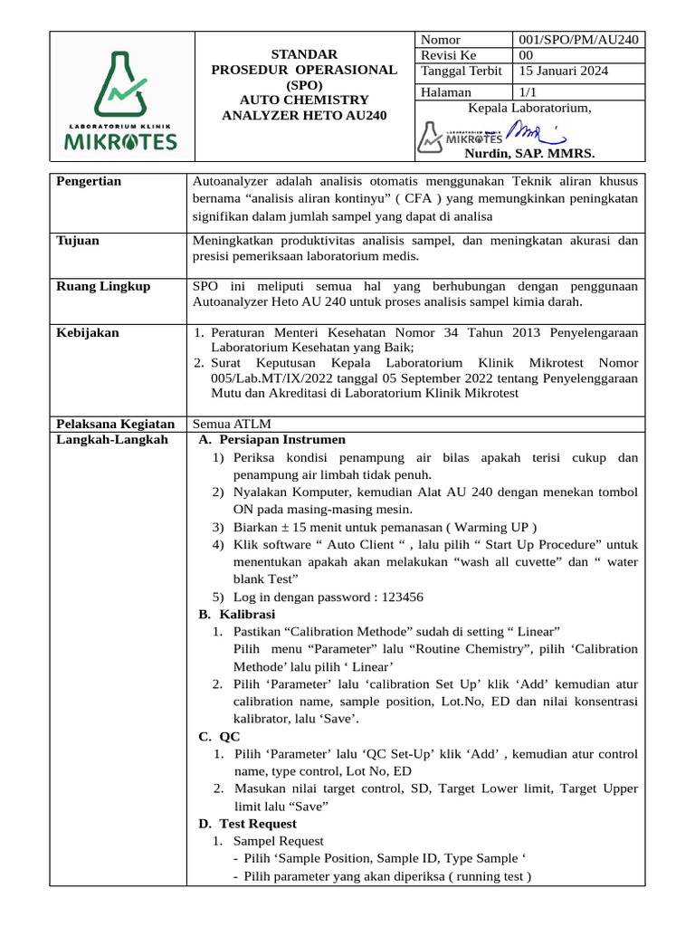 Spo Alat Autoanalyzer Heto Au 240 | PDF