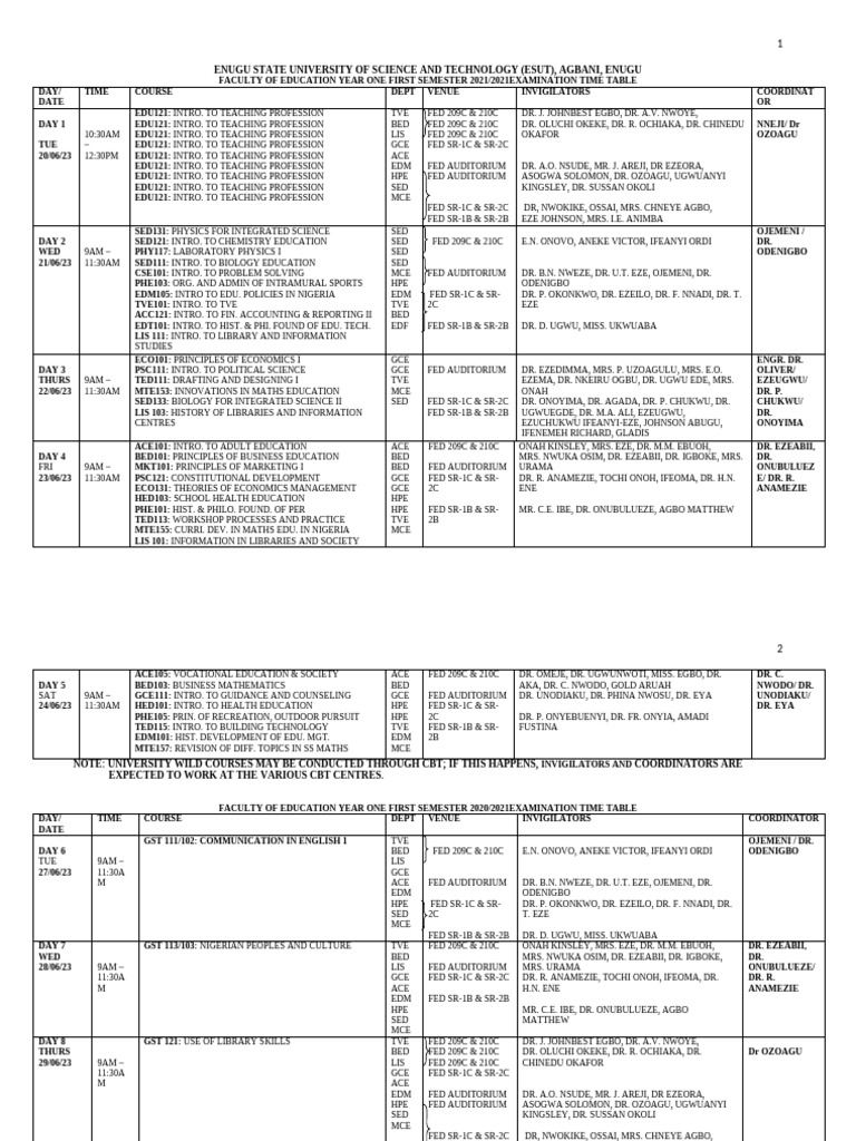 YEAR ONE 2022-2023 FIRST SEMESTER TIME TABLE (2) | PDF