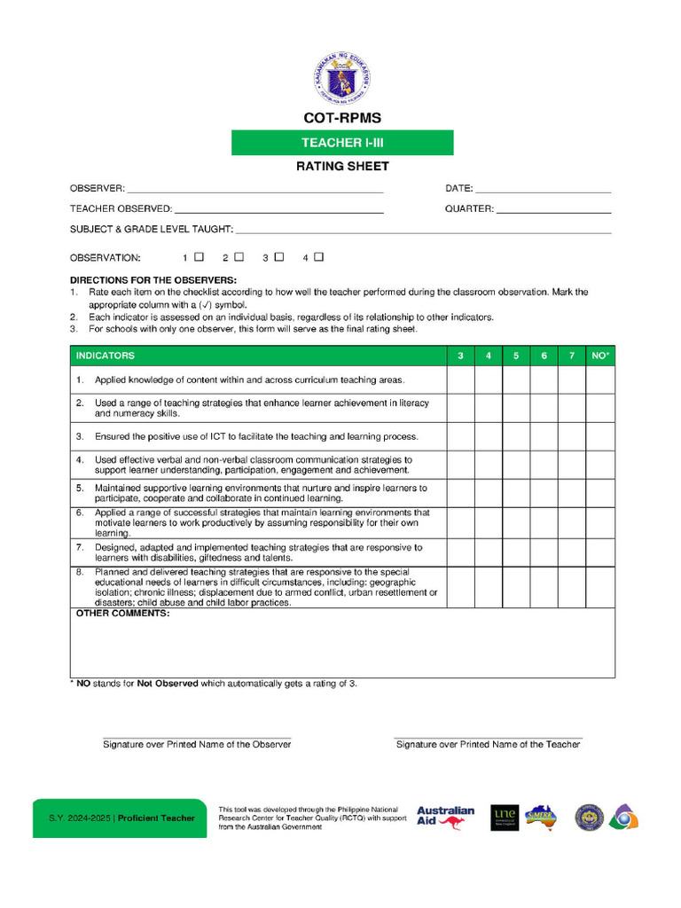 COT Rating Sheet SY 2004 2025 | PDF