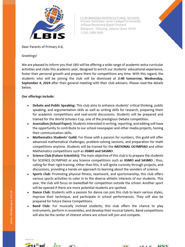 Letter to Primary 4-6 Parents About Academic Extra-curricular ...