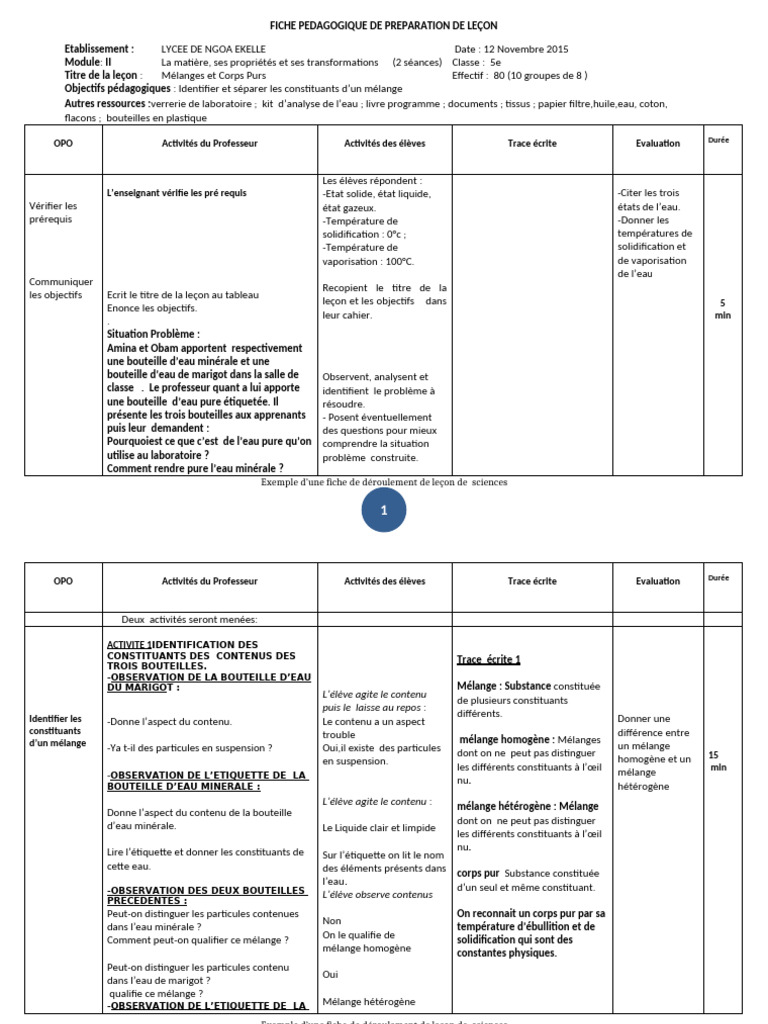 Fiche de Préparation : Mélanges et Corps Purs | PDF | Distillation | Eau