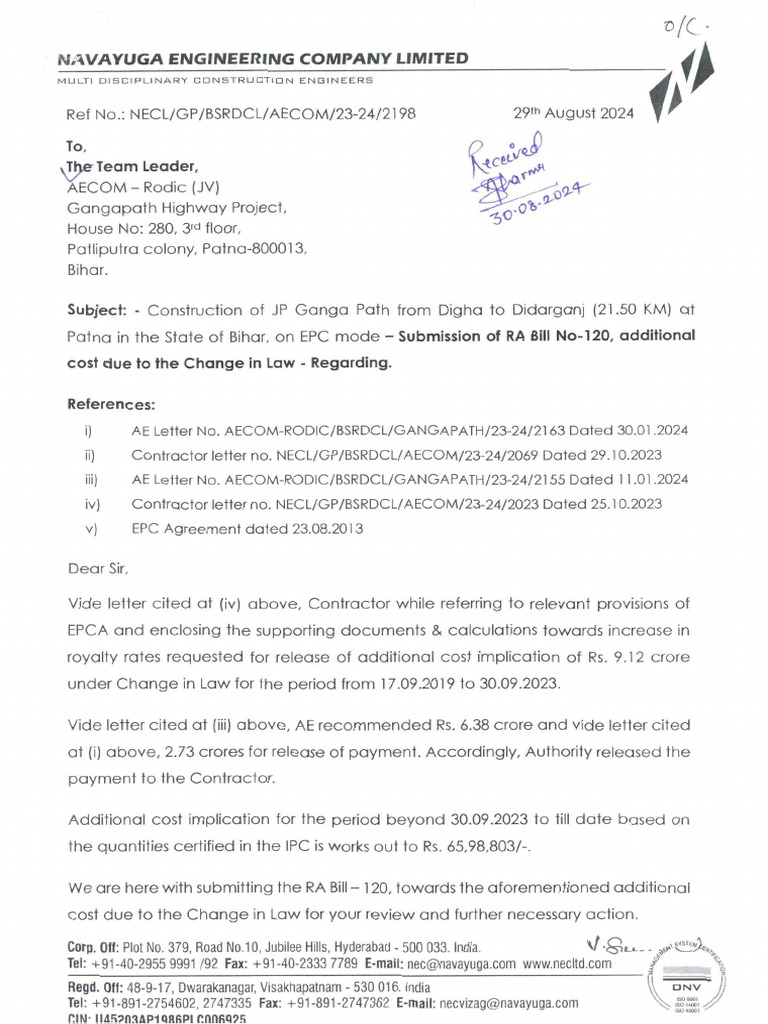 2198-29-08-2024-Submission of RA Bill No-120, Additional Cost Due To ...