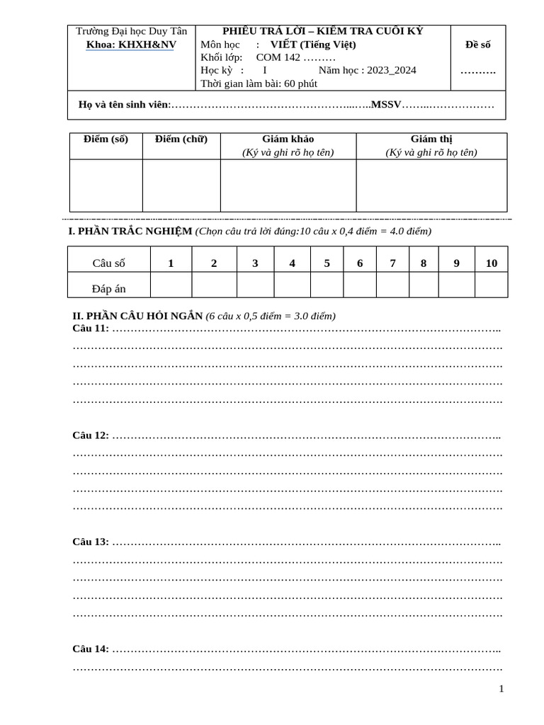 Mẫu Phiếu Thi Kthp Môn Hoc | PDF