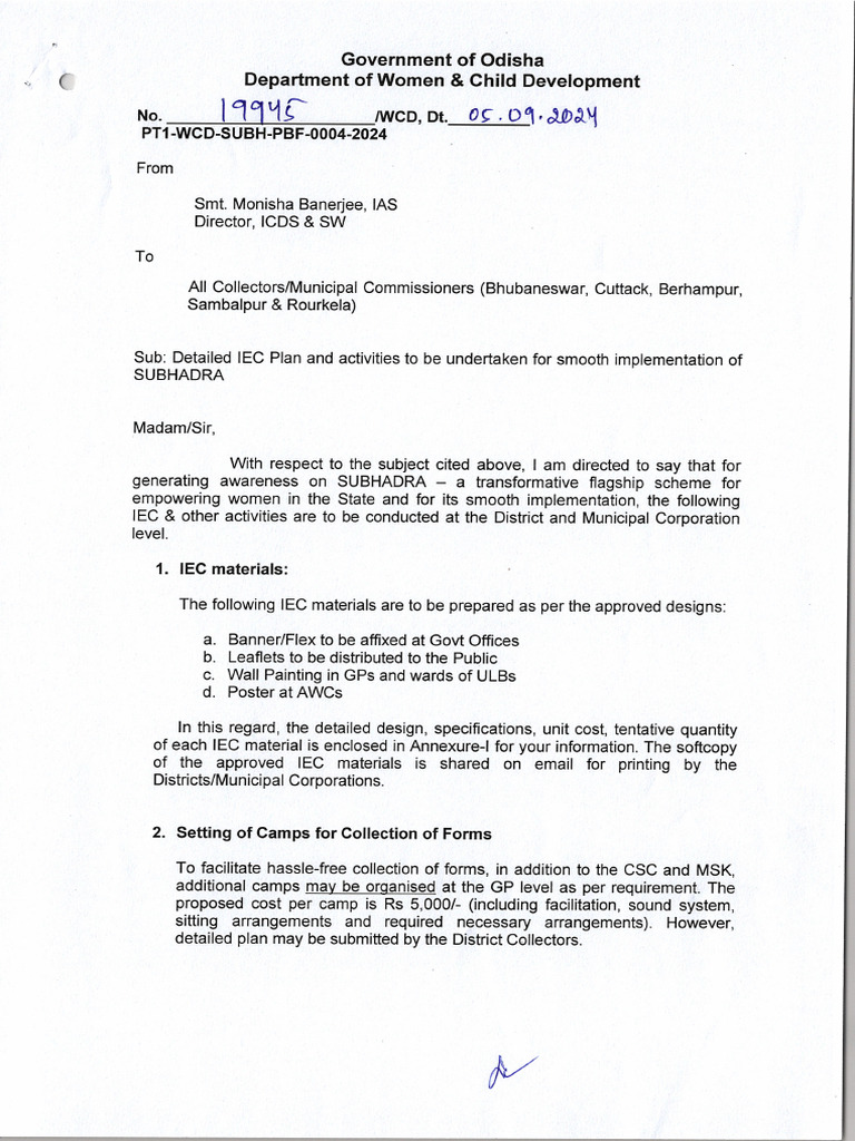 Letter To All Collectors On Detailed IEC Plan For SUBHADRA | PDF