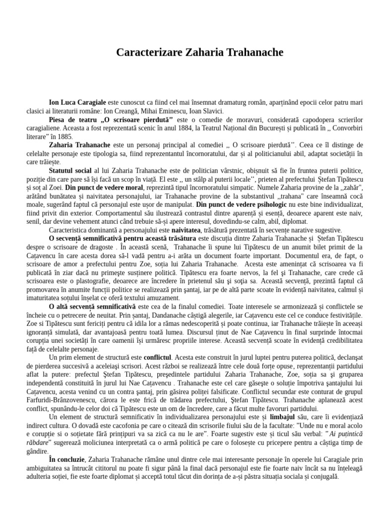 Caracterizare Zaharia Trahanache | PDF